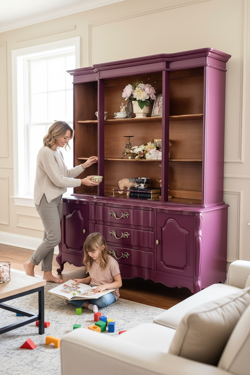 Vintage Magenta Bookcase 75" | Refinished Library Furniture with ...